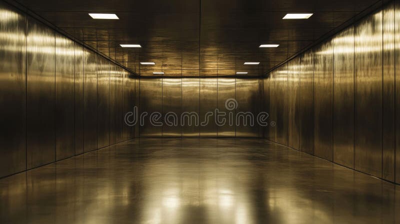 Long Gold Metal Corridor with Bright Lights Stock Illustration ...