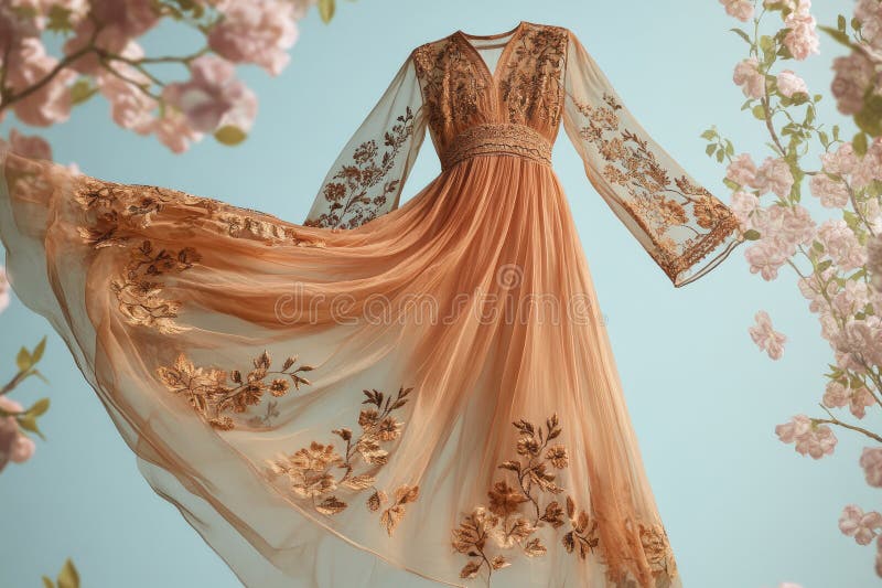 A Long Gown in Sheer Fabric is Flying in a Spring Blossoming Garden ...