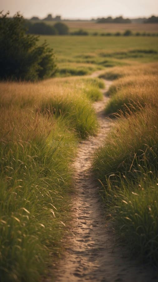 An Long Grassy Path Winds through a Field. Stock Image - Image of ...