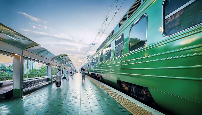A Long Green Train Stops at the Platform, Ready for Passengers To Board ...