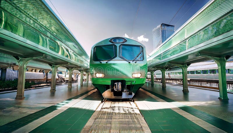 A Long Green Train Stops at the Platform, Ready for Passengers To Board ...
