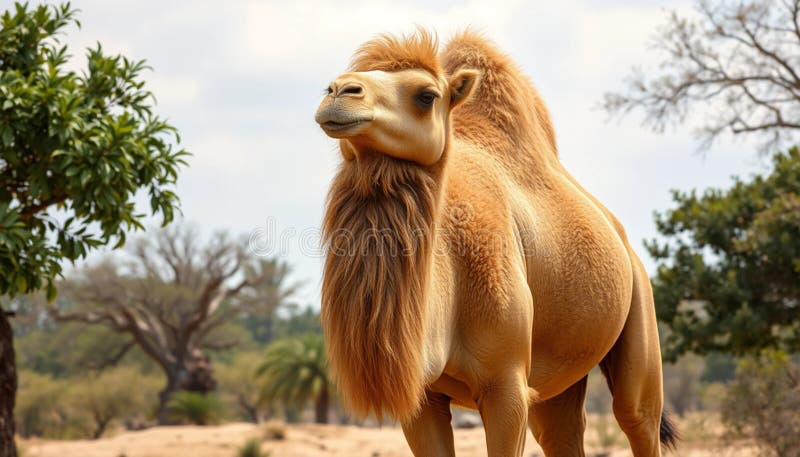 A Majestic Long-haired Bactrian Camel Standing in a Dry Environment ...