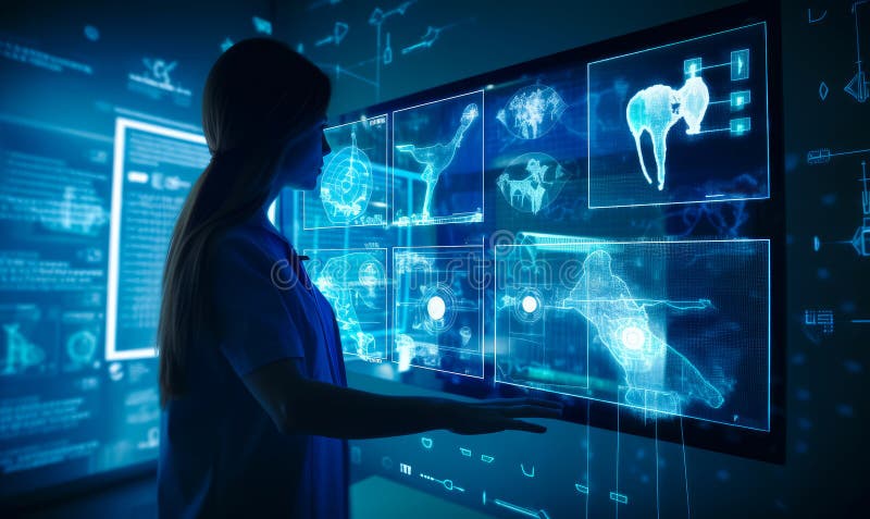 Long-haired Beautiful Woman Using Graphical Interface. Futuristic ...