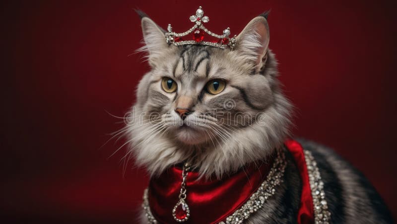 Long-haired Cat in Regal Red Velvet Cape and Crown, Sitting Against ...