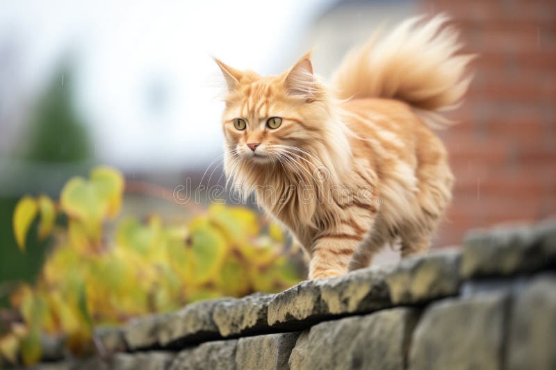 Long-haired Cat Tiptoeing on a Stone Wall Stock Image - Image of stone ...