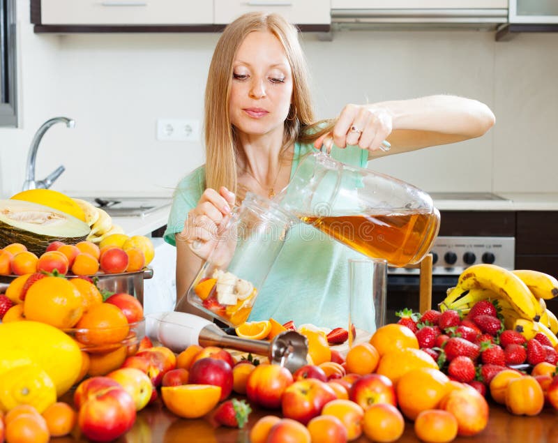 Long-haired Girl Making Fresh Beverages Stock Photo - Image of female ...