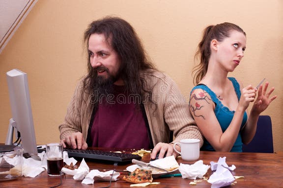 Long Haired Nerd on the Computer with Beautiful Woman Stock Image ...