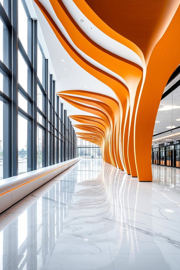 A Long Hallway in an Airport with a Curved Ceiling Stock Image - Image ...