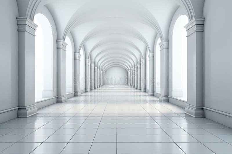 A Long Hallway with Arched Windows and a Tiled Floor. Generative AI ...