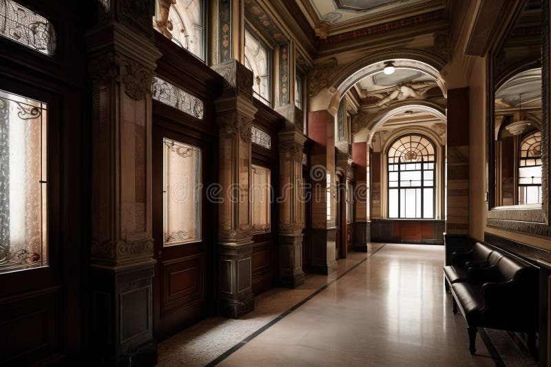 A Long Hallway with a Bench in the Middle of it and a Window in the ...