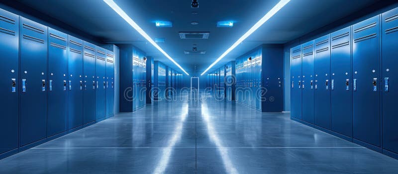 A Long Hallway with Blue Lockers Stock Photo - Image of long ...