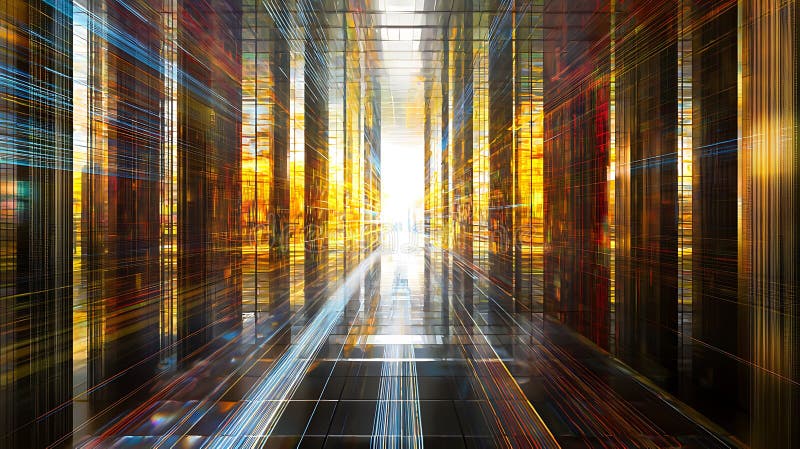 A Long Hallway with a Bright Light Shining through the Windows Stock ...