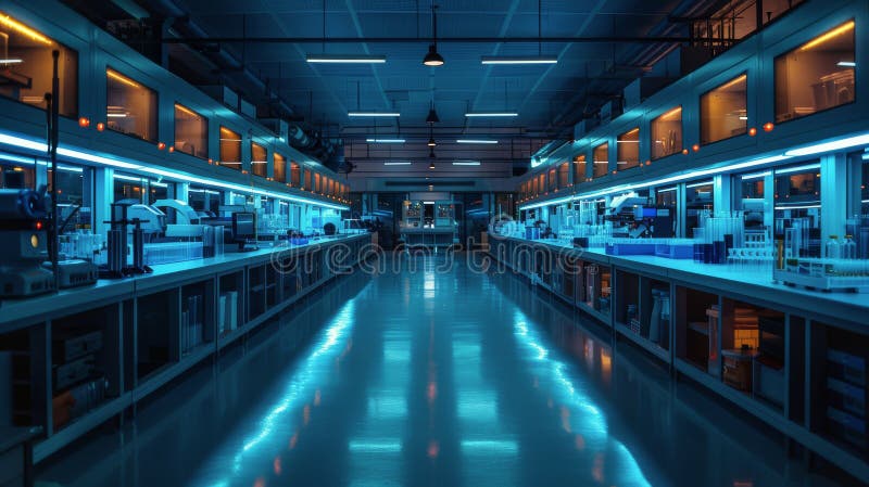 Long Hallway with Central Neon Light Stock Image - Image of eerie ...