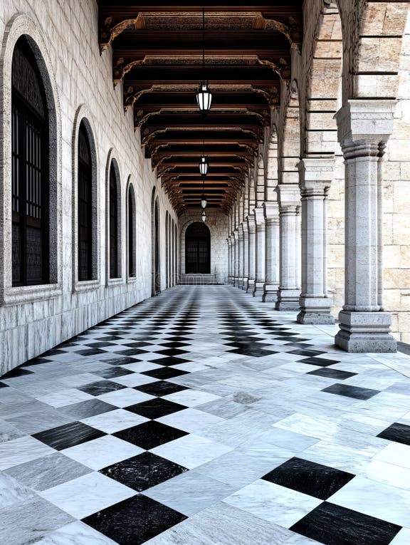 A Long Hallway with a Checkered Floor and Arches in a Building Stock ...