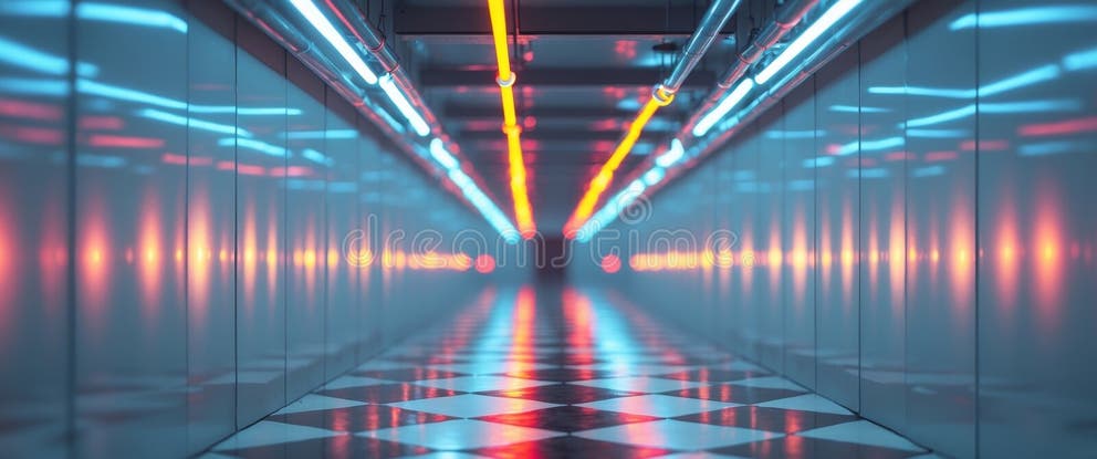A Long Hallway with a Checkered Floor Lit by Neon Lights. Stock Image ...