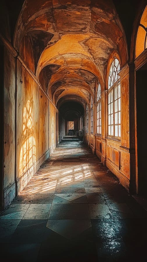 Long Hallway with a Clock on the Wall Creating a Sense of Time and ...