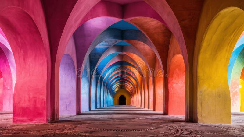 A Long Hallway with Colorful Arches and a Large Archway, AI Stock Photo ...