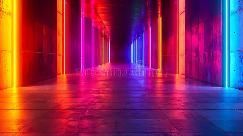 A Long Hallway with Colorful Lights Stock Photo - Image of ceiling ...