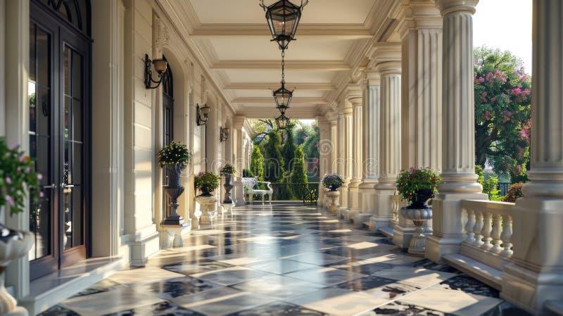 A Long Hallway with Columns and a Chandelier, Great for Interior Design ...