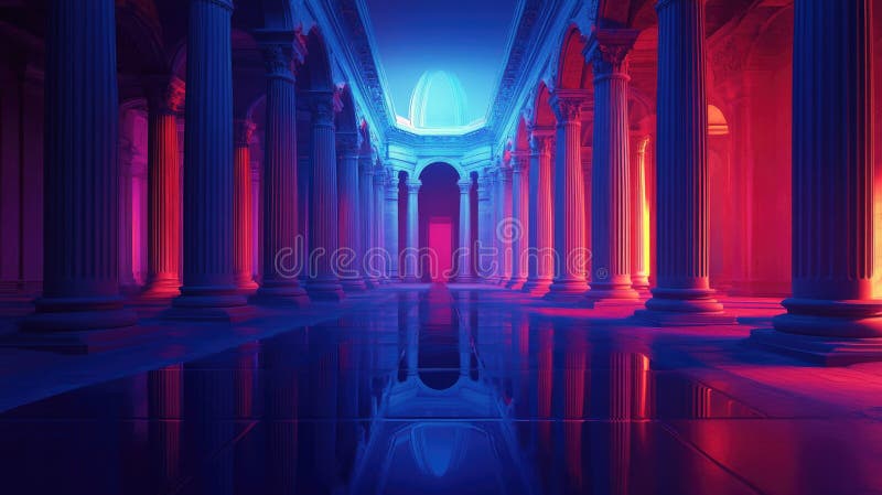 Long Hallway with Columns and Red Lights Stock Image - Image of eerie ...