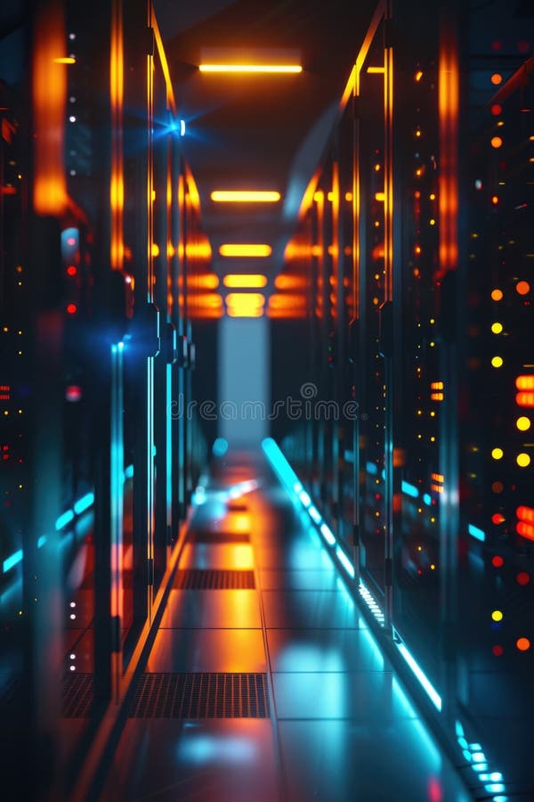 A Long Hallway in a Data Center with Bright Lights. Suitable for ...