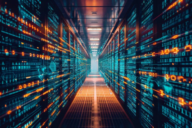 A Long Hallway in a Data Center Filled with Rows of Servers, Limiting ...