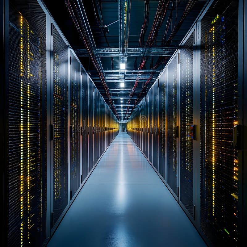 Long Hallway of Data Center Servers with Brightly Lit Indicators in a ...