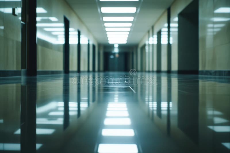 A Long Hallway with a Bench in the Middle Stock Image - Image of urban ...