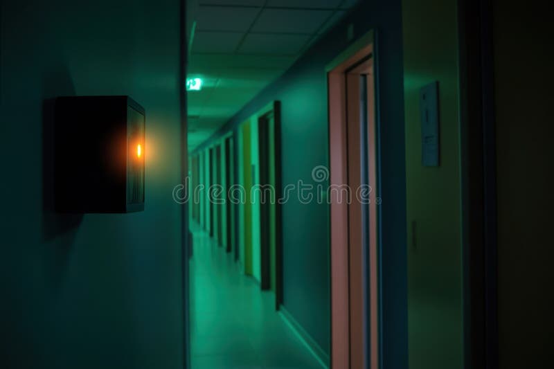 Hallway Illuminated by a Dim Orange Light with Green Walls in a Modern ...
