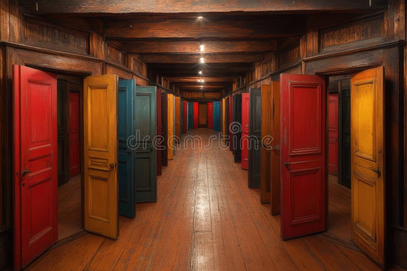 Colorful Open Doors Corridor, Mystery and Intrigue Stock Illustration ...