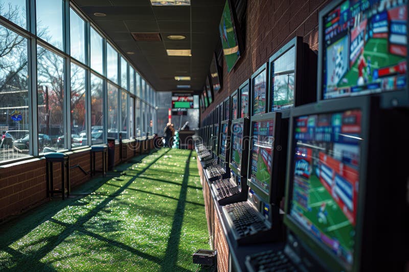 Modern Sports Betting Station with Multiple Monitors and Green Carpet ...