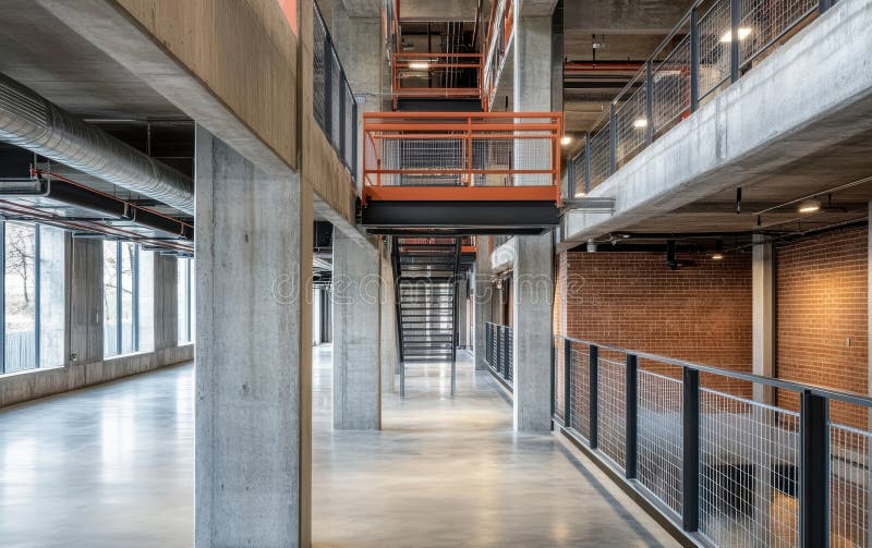 A Long Hallway Featuring a Striking Red Railing and Staircase, Creating ...