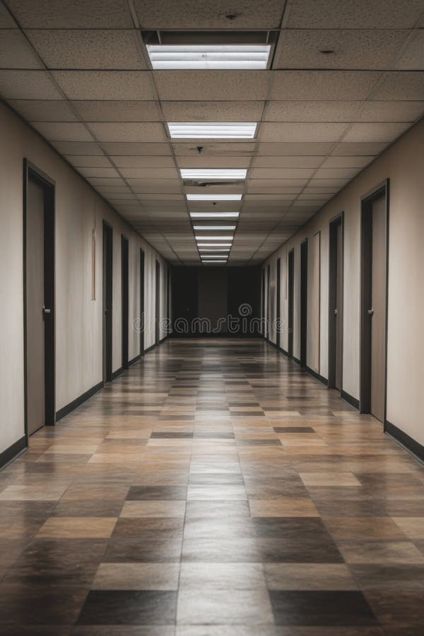A Long Hallway with a Few Doors and a Light Above Stock Illustration ...