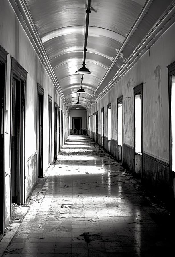 A Long Hallway with a Bench in the Middle Stock Image - Image of urban ...