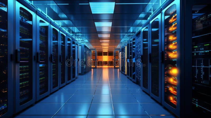 Long Hallway Filled with Numerous Data Servers in Racks, Creating a ...