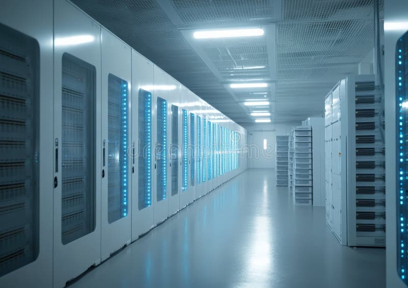 A Long Hallway Filled with Numerous Rows of Servers in a Data Center ...