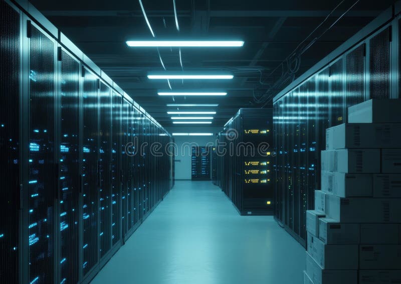 A Long Hallway Filled with Numerous Rows of Servers in a Data Center ...