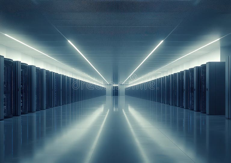 A Long Hallway Filled with Numerous Rows of Servers in a Data Center ...
