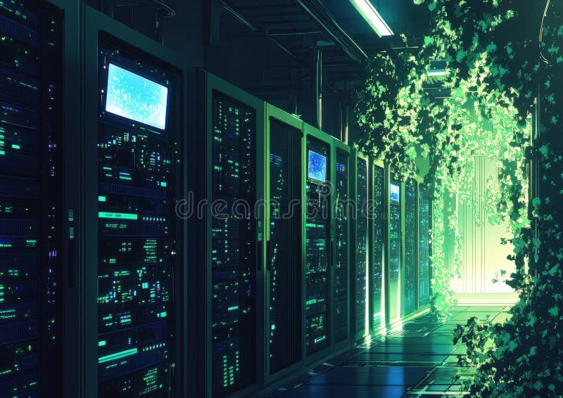 A Long Hallway Filled with Numerous Rows of Servers in a Data Center ...