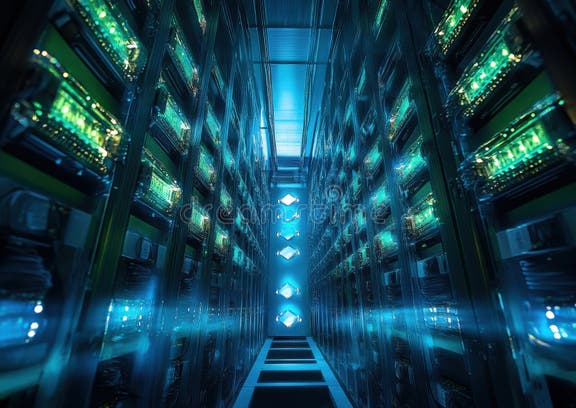 A Long Hallway Filled with Numerous Rows of Servers in a Data Center ...