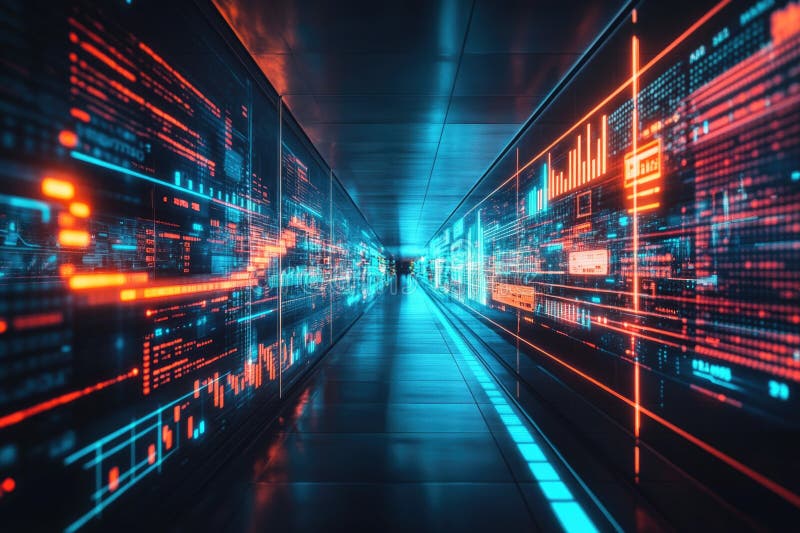 Long Hallway Filled with Rows of Computer Screens Stock Image - Image ...