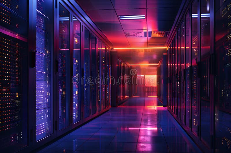 A Long Hallway Filled with Rows of Operational Servers in a Secure Data Center Facility Stock ...