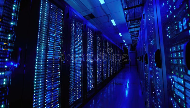 A Long Hallway is Filled with Rows of Servers in a Data Center Stock ...