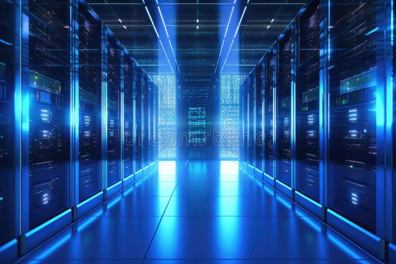 A Long Hallway Filled with Rows of Servers in a Data Center, Server ...