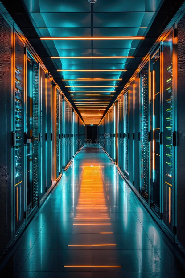 A Long Hallway Filled with Rows of Servers. Ideal for Technology or ...