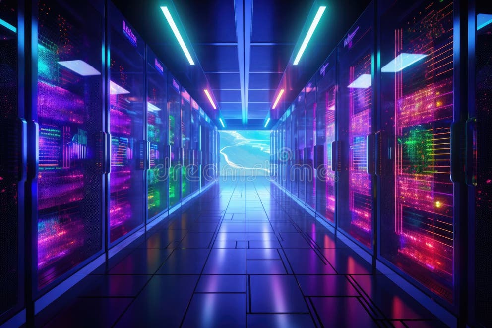 A Long Hallway Filled with Rows of Servers. Perfect for Illustrating Technology, Data Centers ...