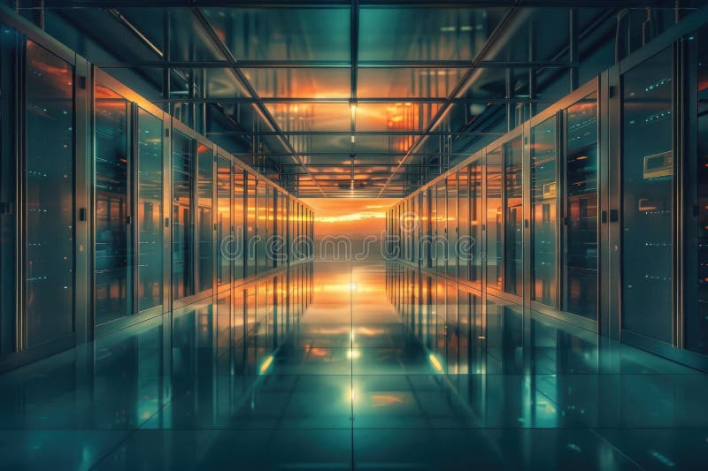 A Long Hallway with Glass Doors Leading To a Server Room, Perfect for ...