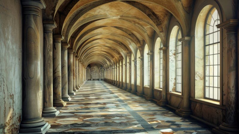 A Long Hallway with Grand Columns and Arched Windows. Perfect for ...