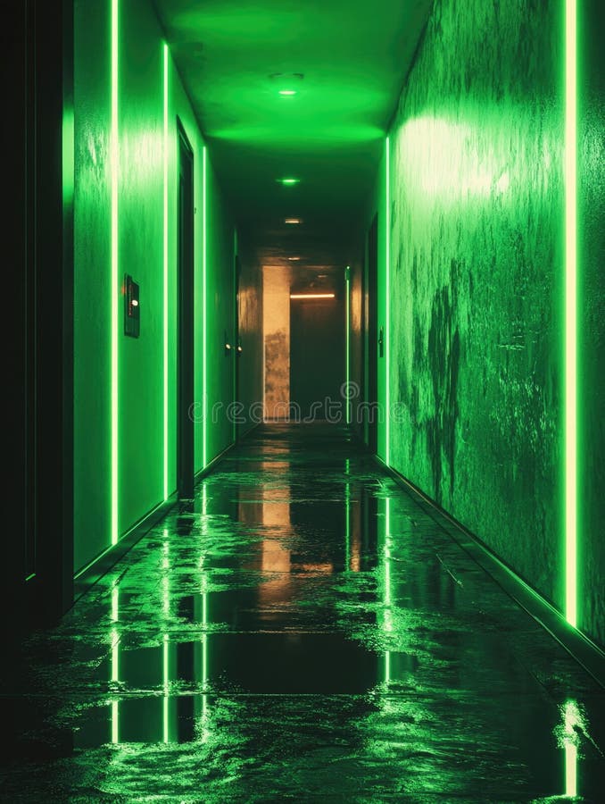 Long Hallway with Green Light Stock Photo - Image of minimalist, sleek ...