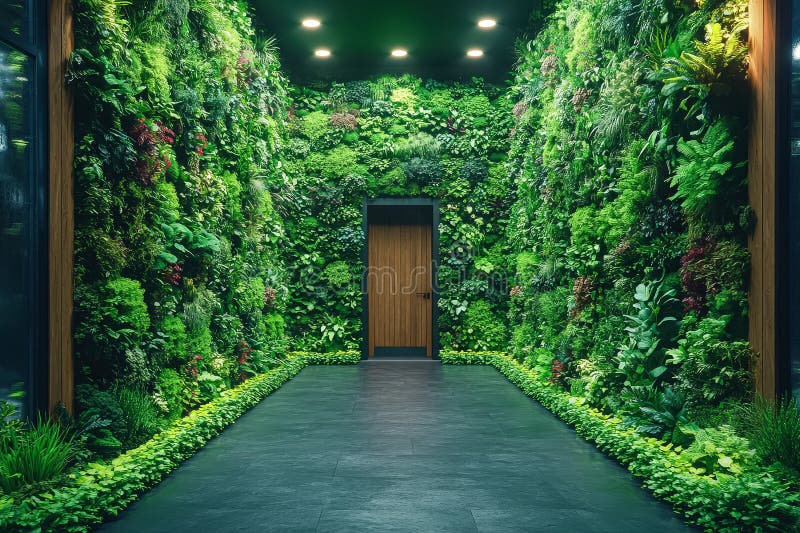 Long Hallway with a Green Wall and a Green Plant. Stock Photo - Image ...